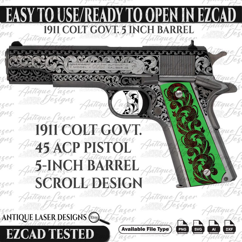 1911 Colt Government 45 ACP Pistol 5-inch Barrel Scroll Design SVG ...