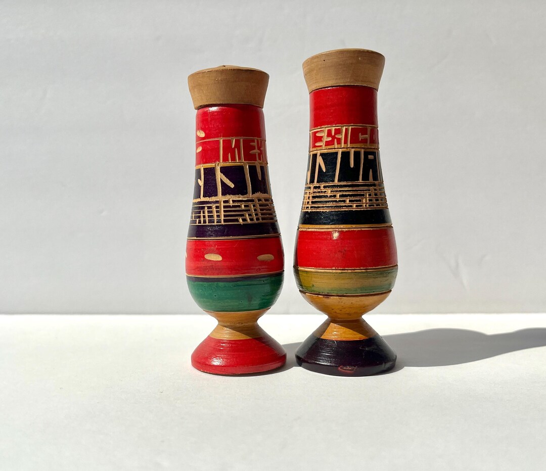 Vintage Hand Carved and Painted Wooden Salt and Pepper Shakers, Mexico ...