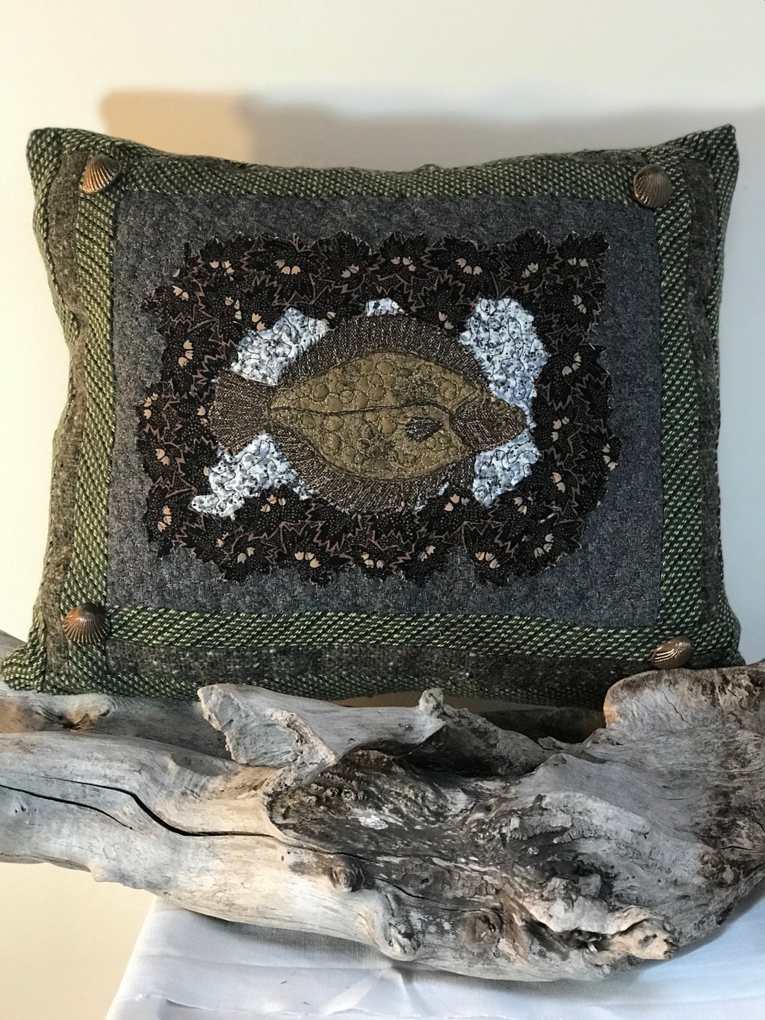 Founder Fish Collage Art Quilt Fish Throw Pillow up Cycled Wool Design ...