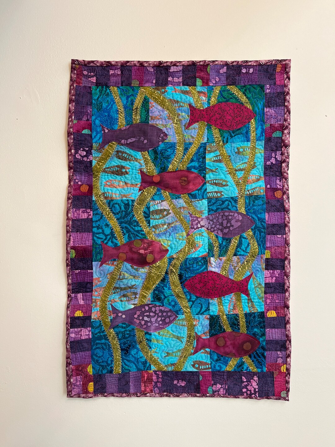 Purple Batik | Tropical Fish | Appliqued Art Quilt | Wall Hanging ...