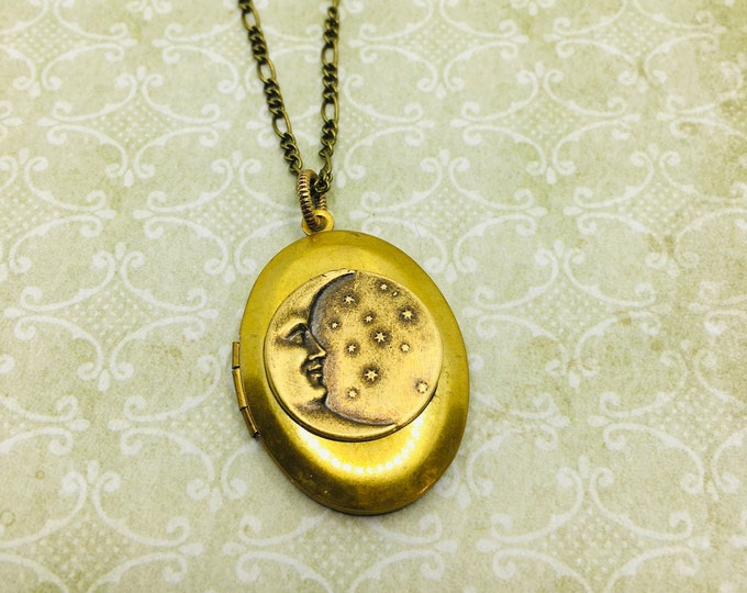 Vintage Brass Oval Sun and Moon Locket Celestial Photo Locket Necklace ...