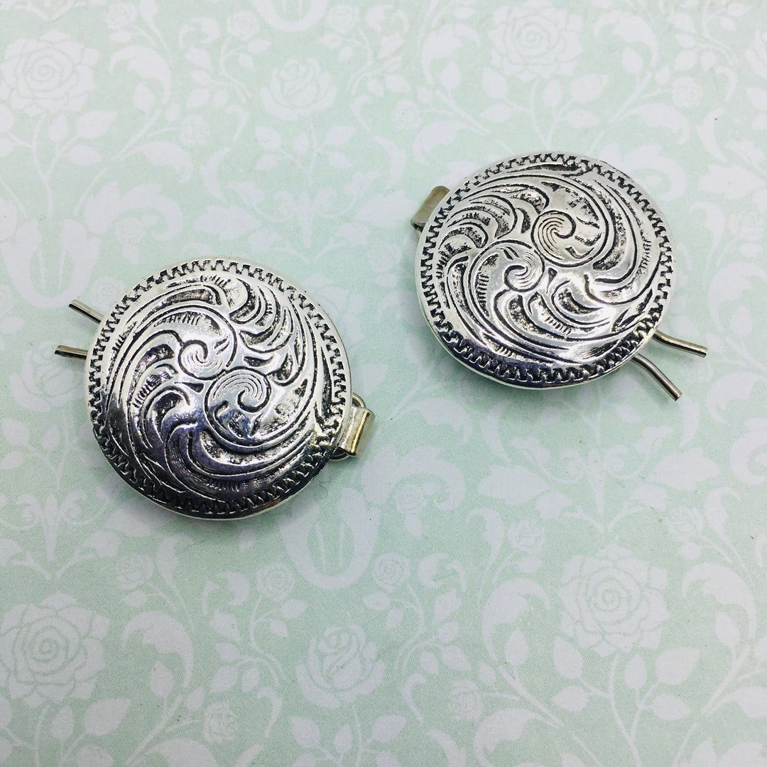 Embossed Silver Metal Barrettes Round Engraved Unique Hair Clips Sturdy ...