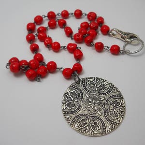 Beaded Handmade Necklace With Red Vintage Beads Silver Medallion ...