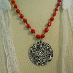 Beaded Handmade Necklace With Red Vintage Beads Silver Medallion ...