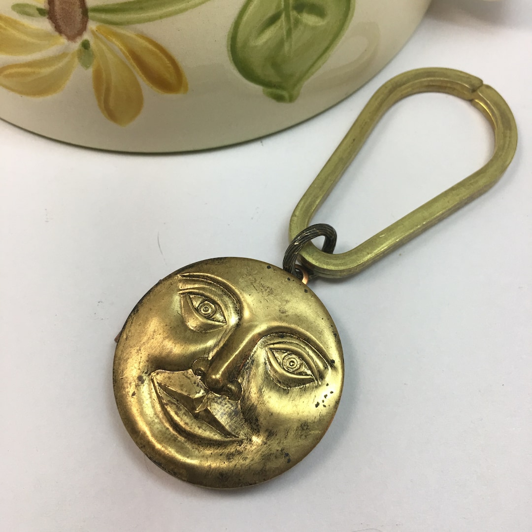 Vintage Brass Moon Face Locket Keychain - 1970s Celestial Charm - Etsy