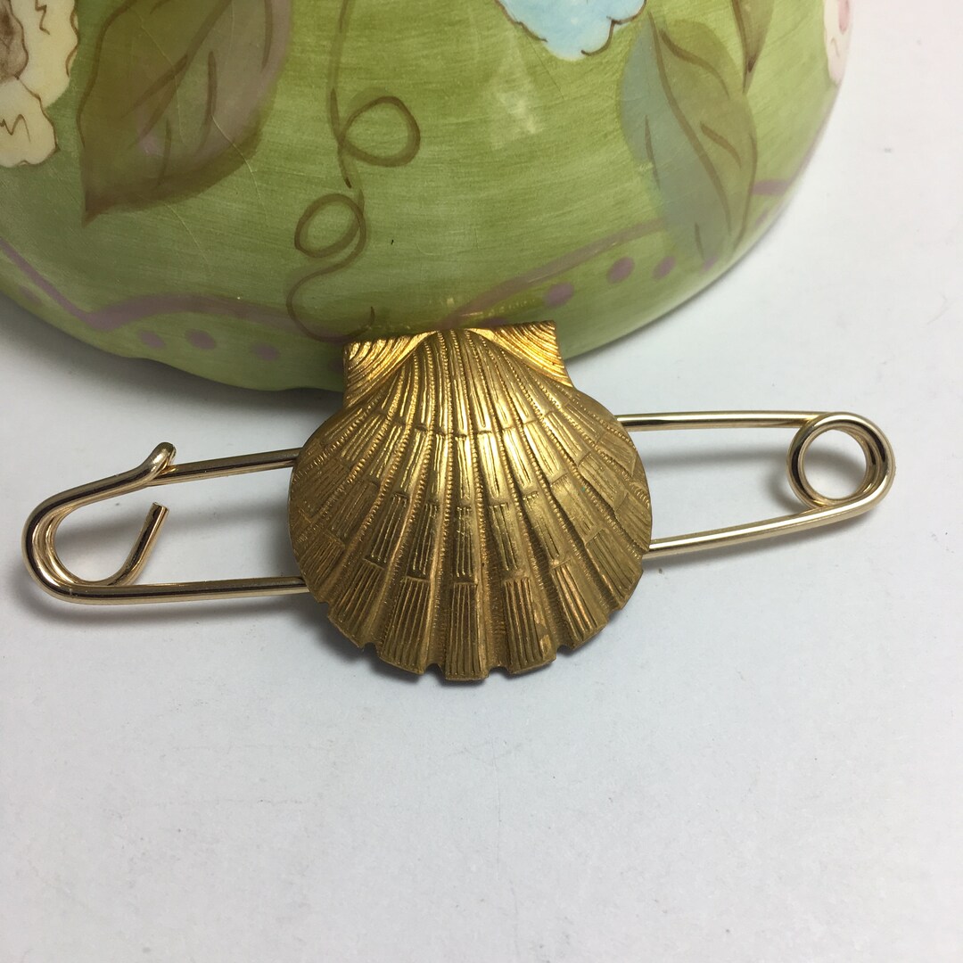 Brass Metal Shawl Kilt Scarf Pin Sea Shell Beach Ocean Golden Brass ...