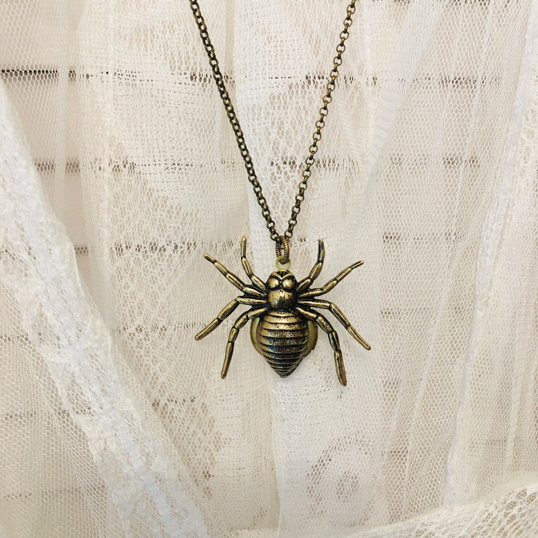 Hidden Locket Necklace SPIDER Large Secret Compartment Arachnoid Web ...