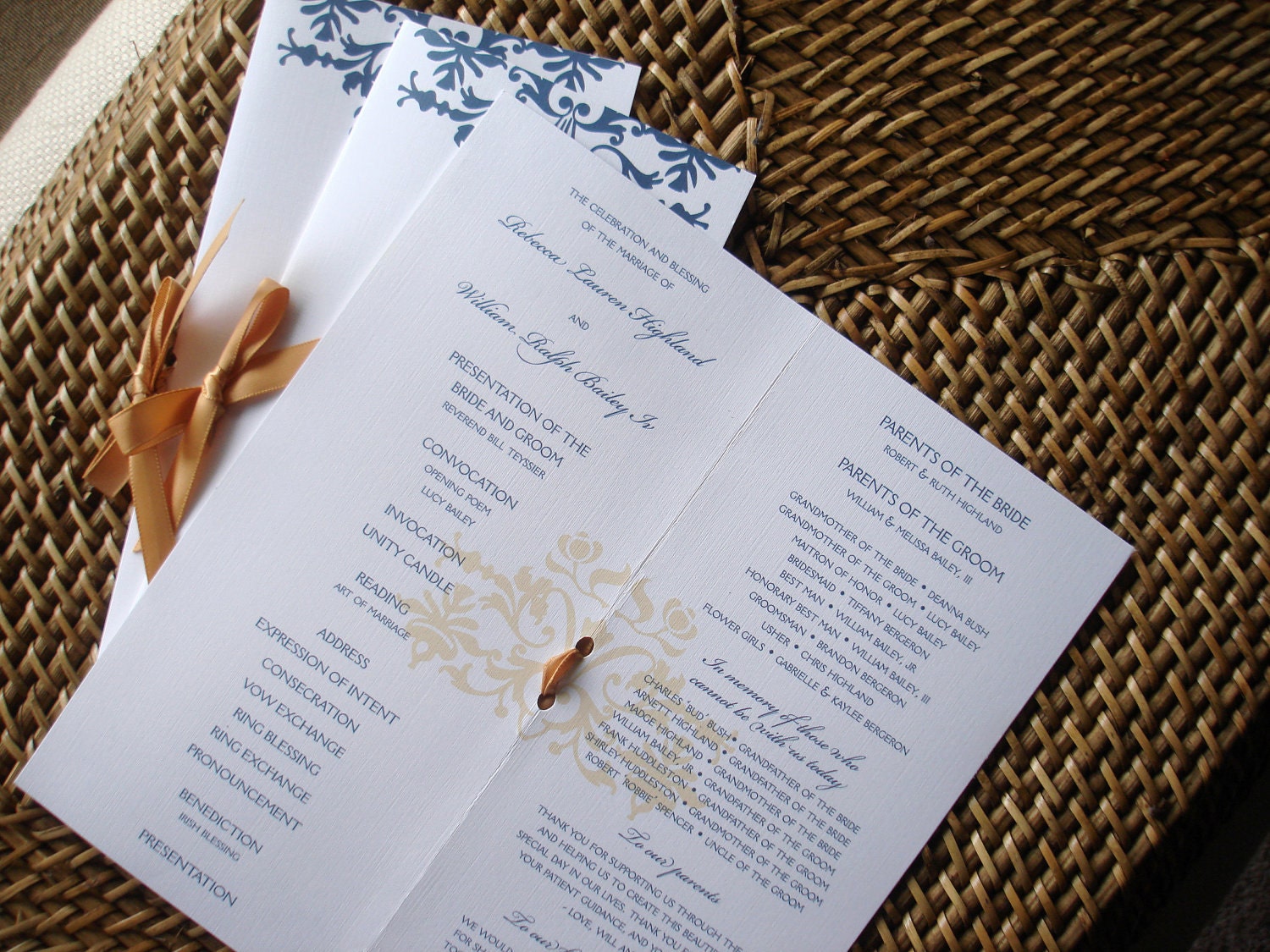 Navy Blue Wedding Programs, Gold Wedding Programs, Satin Ribbon Elegant ...