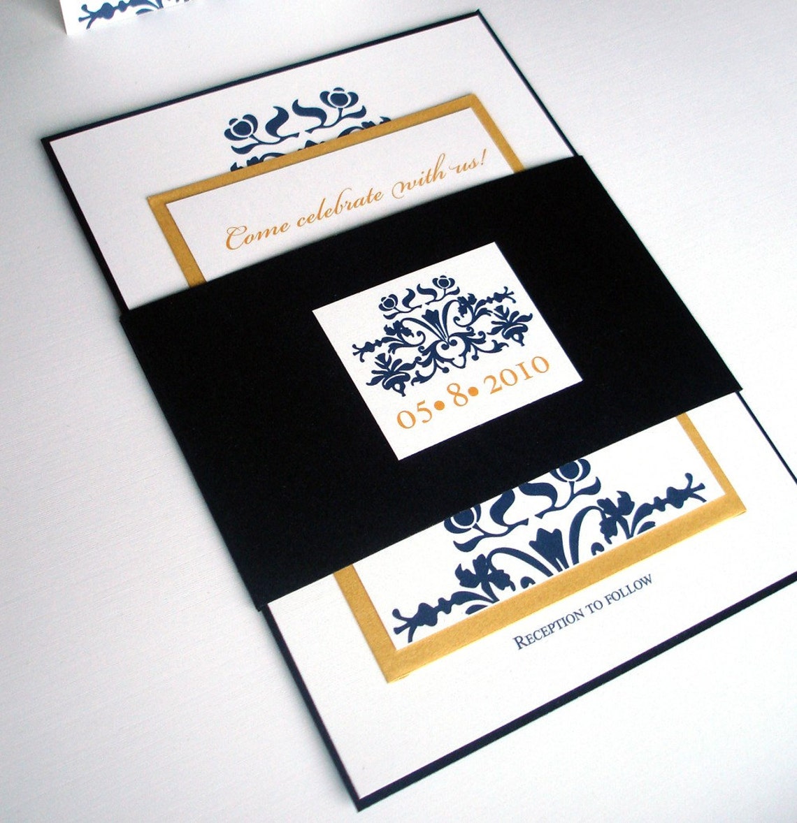 Navy Blue Gold Wedding Invitation - Belly Band Metallic Wedding ...