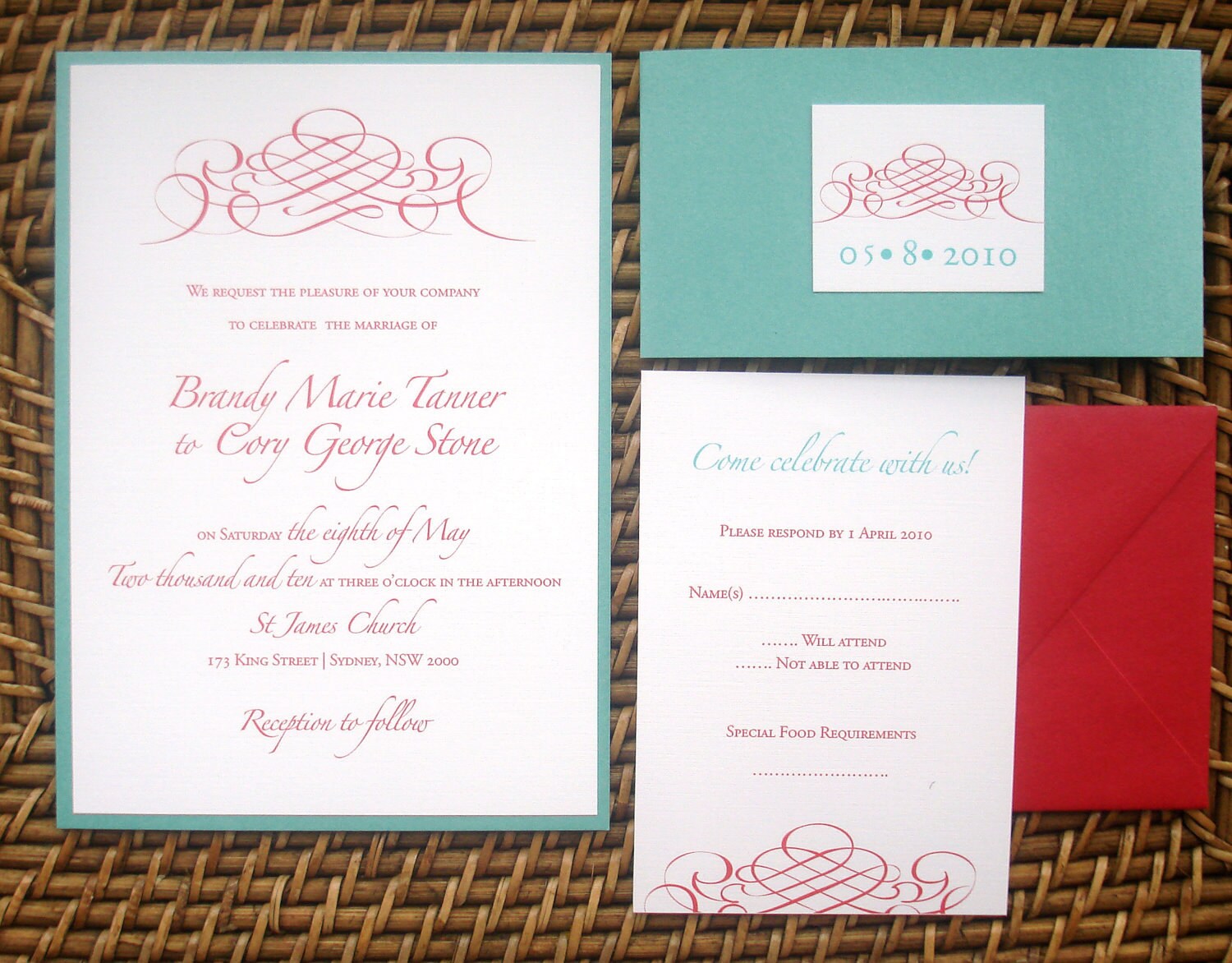 Red Wedding Invitation Set, Turquoise Wedding Invitations, Elegant ...