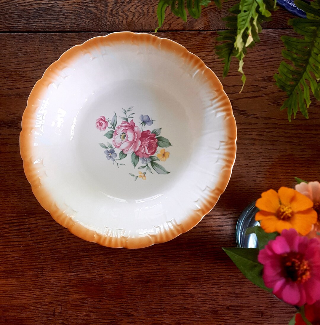 1950s Homer Laughlin Orange Rimmed Serving Bowl Round, Floral Pattern ...