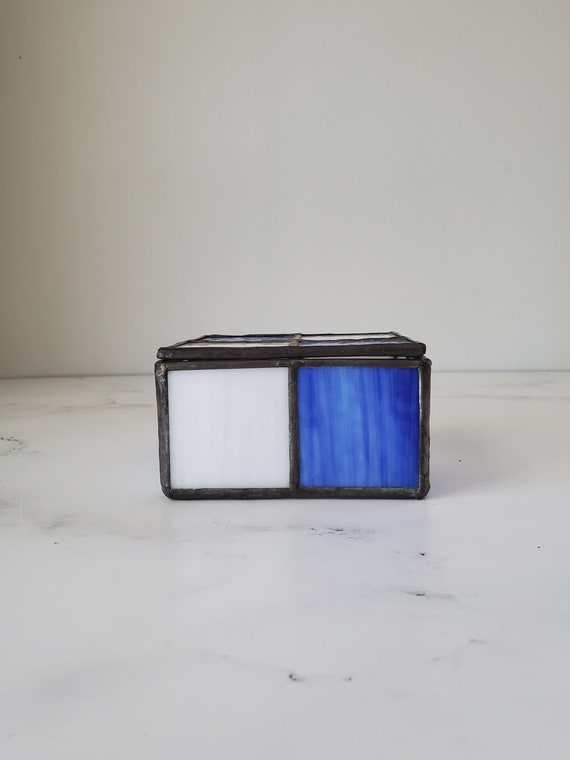 1975 Handmade Blue and White Stained Glass Box - Sign… - Gem