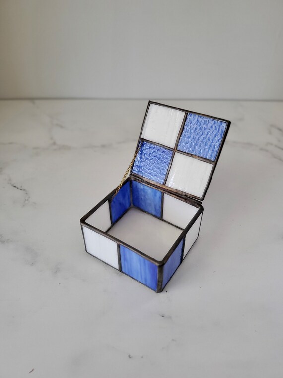1975 Handmade Blue and White Stained Glass Box - Sign… - Gem