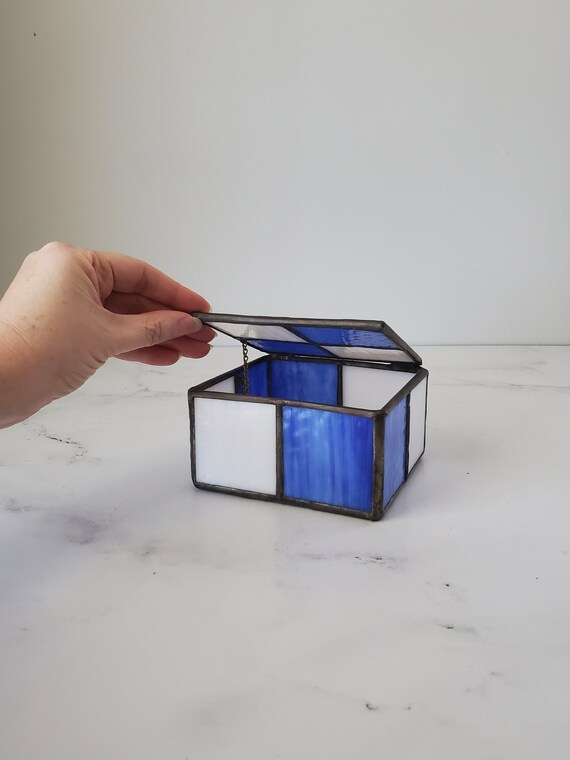 1975 Handmade Blue and White Stained Glass Box - Sign… - Gem