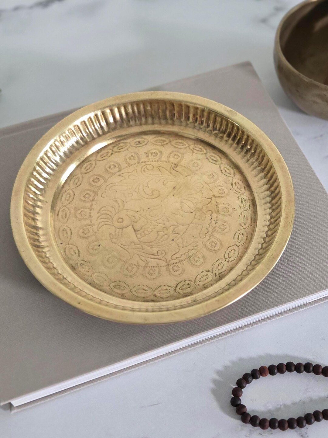 Brass Puja Plate With Bird Motif - Indian Metal Spiritual Prayer or ...