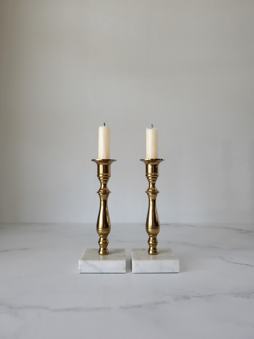 Vintage Brass Candlestick Pair With Square Marble Base - Set of 2 ...