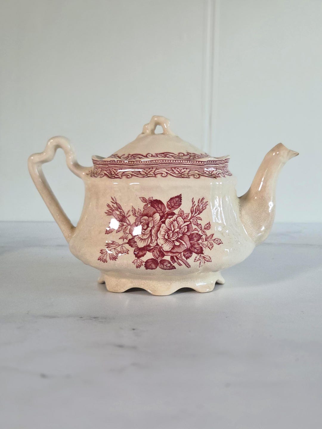 Vintage English Teapot - Pink Roses, Heavy Patina, Crazed and Stained ...