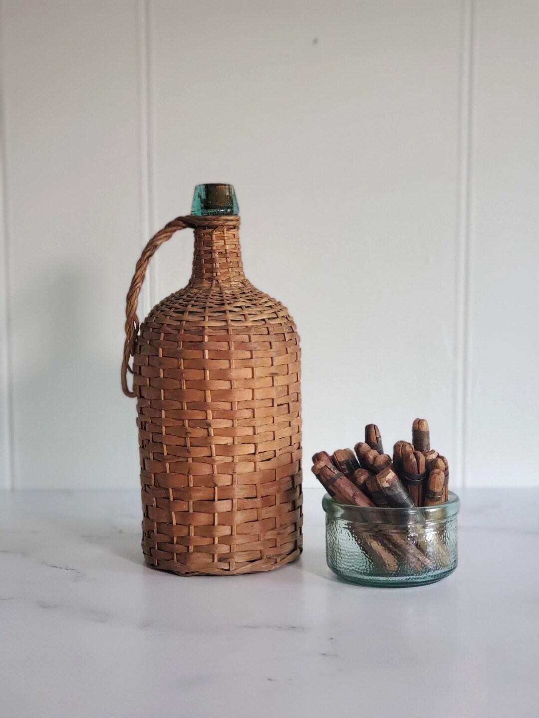 Antique Wicker Wrapped Demijohn - Blue Green Glass Bottle, European ...