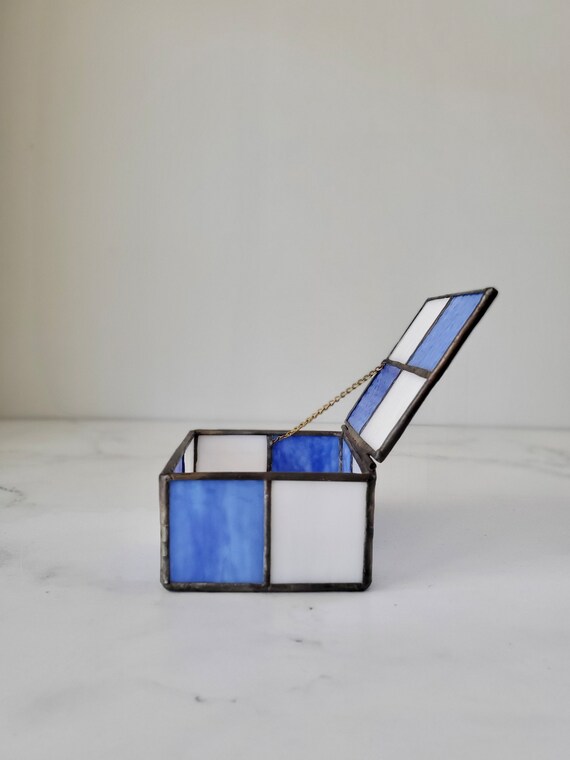 1975 Handmade Blue and White Stained Glass Box - Sign… - Gem