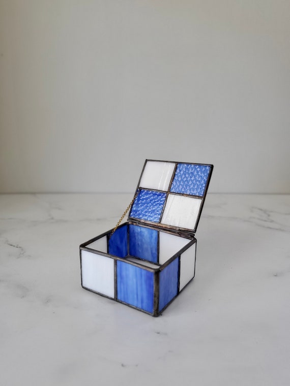 1975 Handmade Blue and White Stained Glass Box - Sign… - Gem
