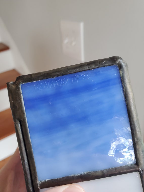 1975 Handmade Blue and White Stained Glass Box - Sign… - Gem