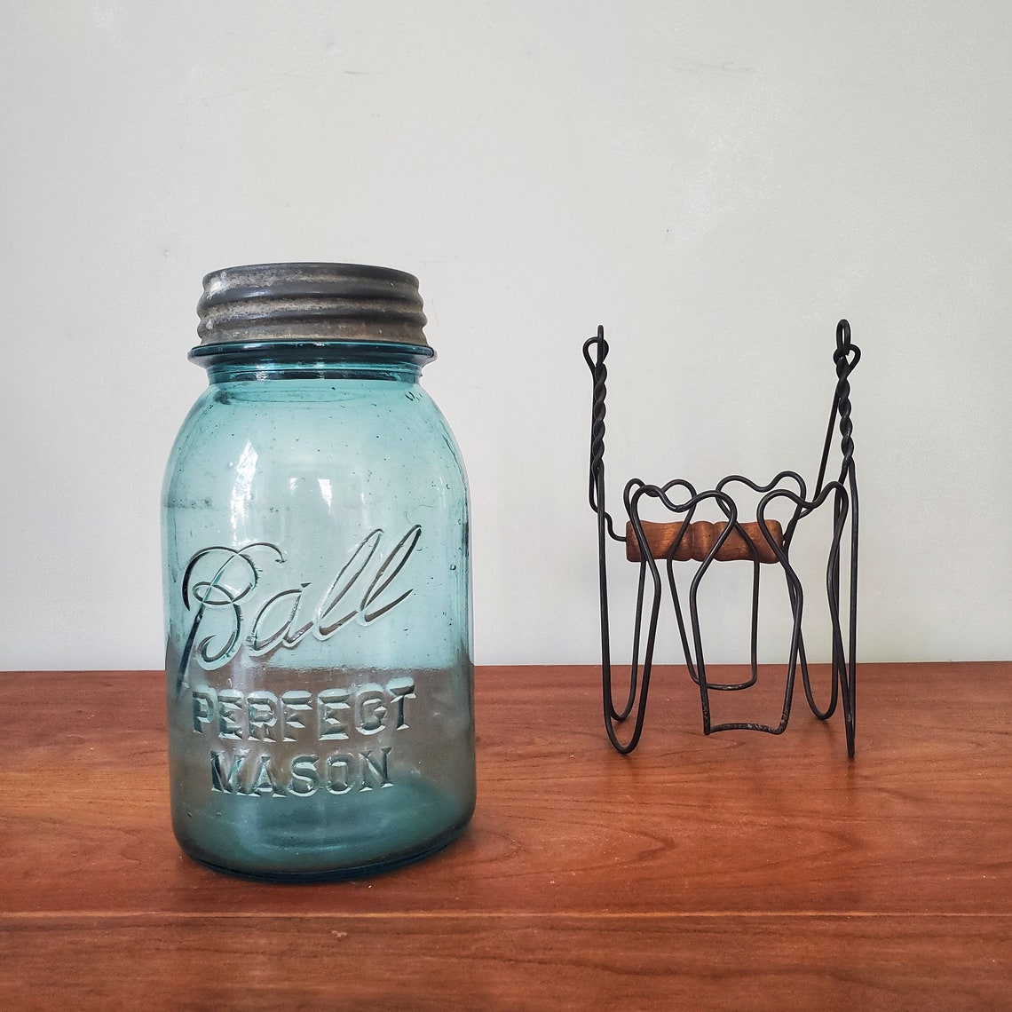 Vintage Aqua Blue Mason Jar With Primitive Wire Bail Holder | Etsy