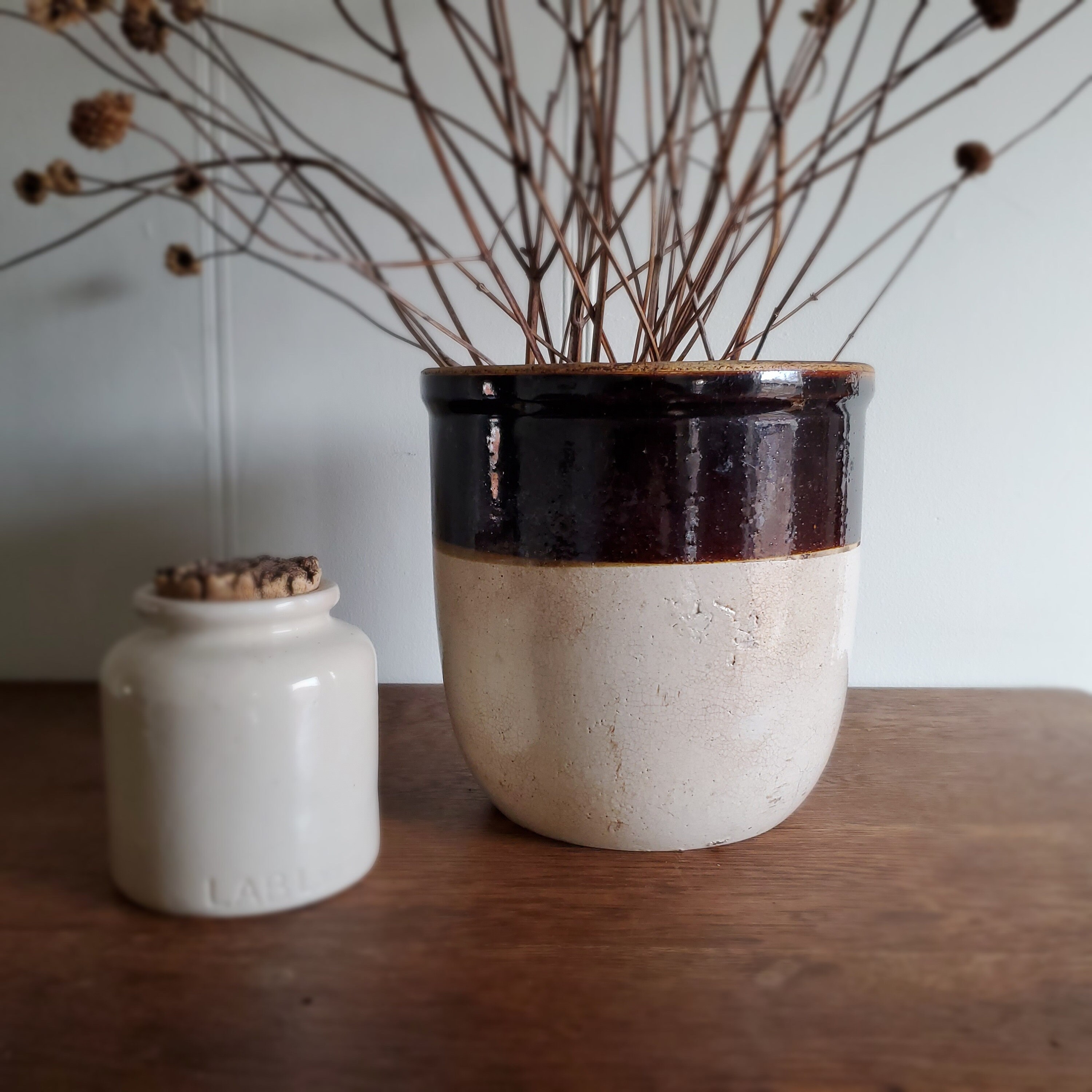 Large Two Tone Stoneware Crock ANTIQUE Brown and Beige, Modern Neutral ...