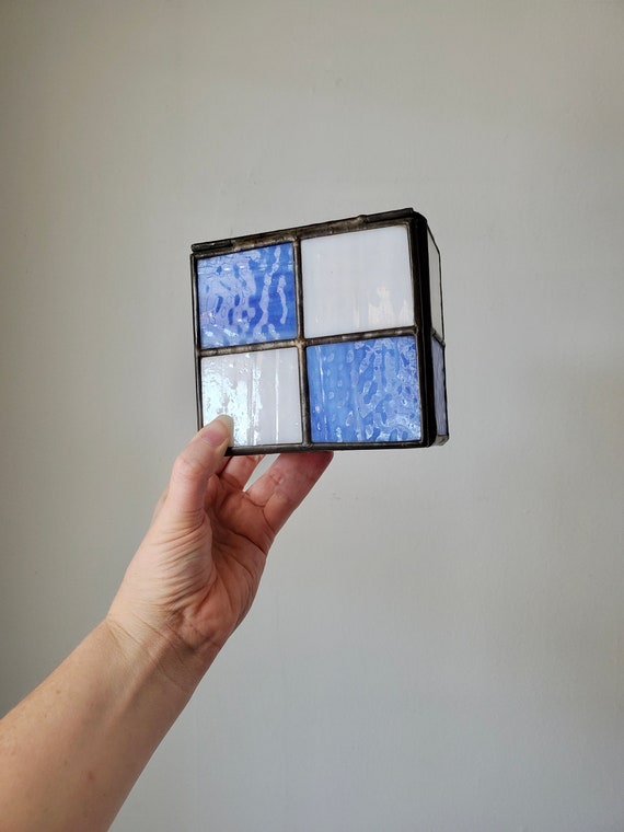 1975 Handmade Blue and White Stained Glass Box - Sign… - Gem