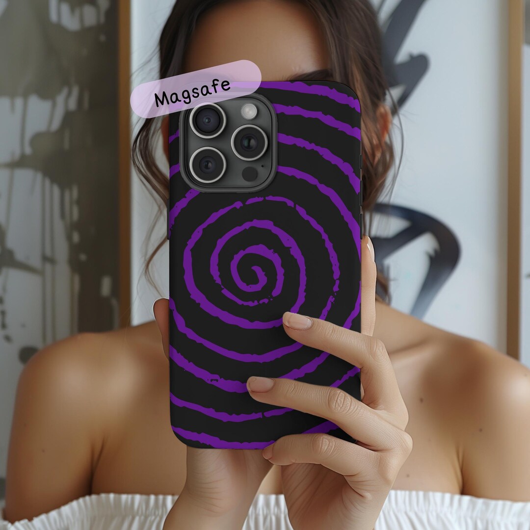 Black and Purple Hypno Swirl Phone Case | Retro Aesthetic Magsafe Tough Cover | iPhone 17 16 15 ...