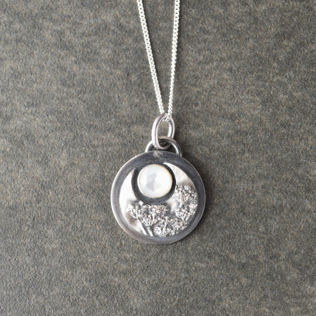 Crescent Moon Necklace, Hedge Parsley With Mother-of-pearl, Celestial ...