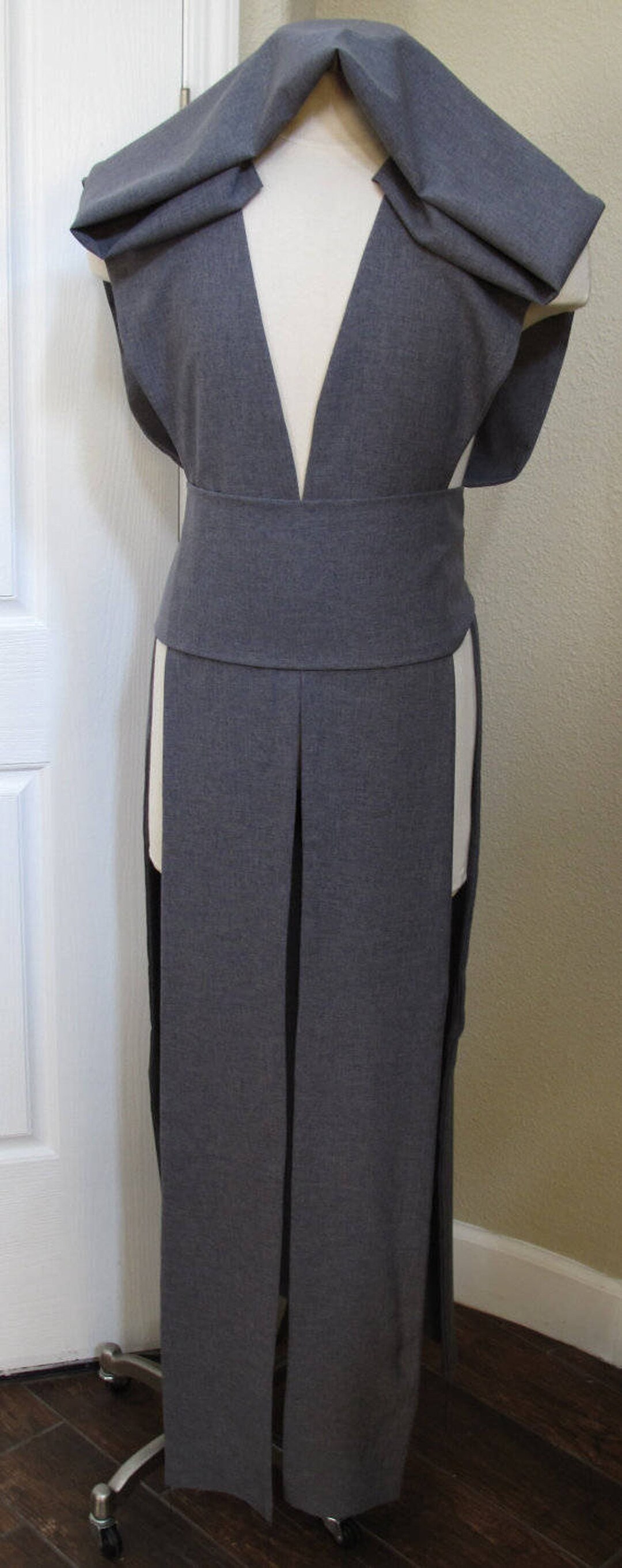 Gray Sleeveless Hooded Tabard Floor Length Warrior Costume Vest With ...