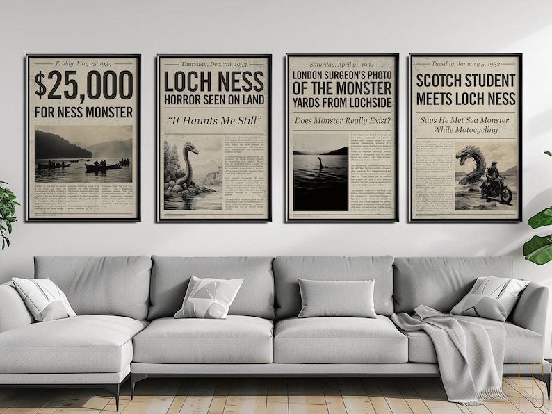 Set of 4 Loch Ness Monster Sighting Newspaper Headline Inspired Digital ...