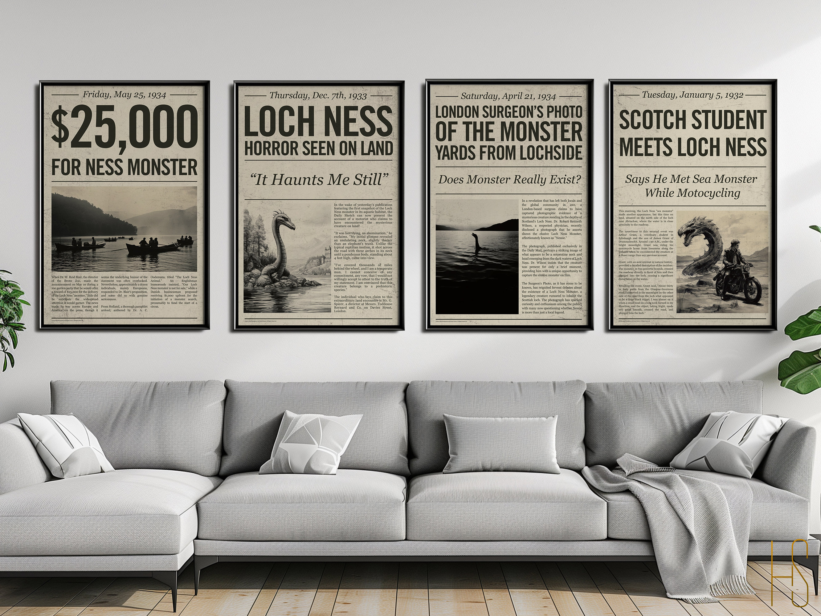 Loch Ness Monster Newspaper Art Prints: Vintage Headline Cryptid ...