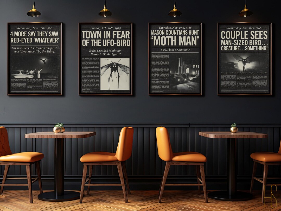 Mothman Newspaper Art Print Set: Vintage Cryptid Posters Dark ...