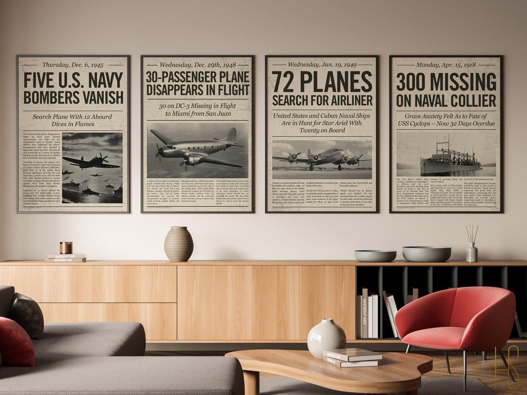 Bermuda Triangle Newspaper Headline Poster Set Light Background ...