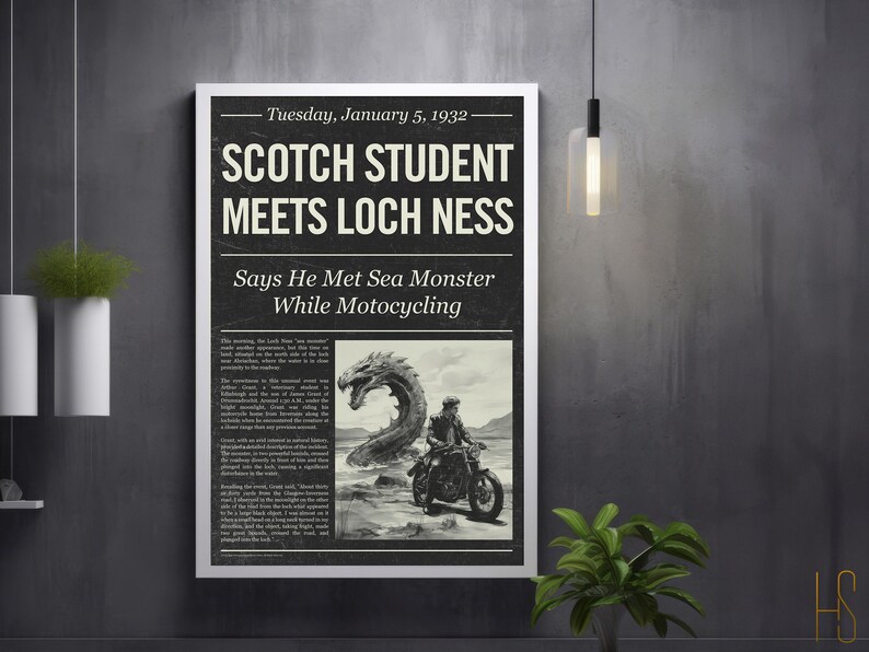 Loch Ness Monster Newspaper Art Print: Vintage Cryptozoology Poster ...