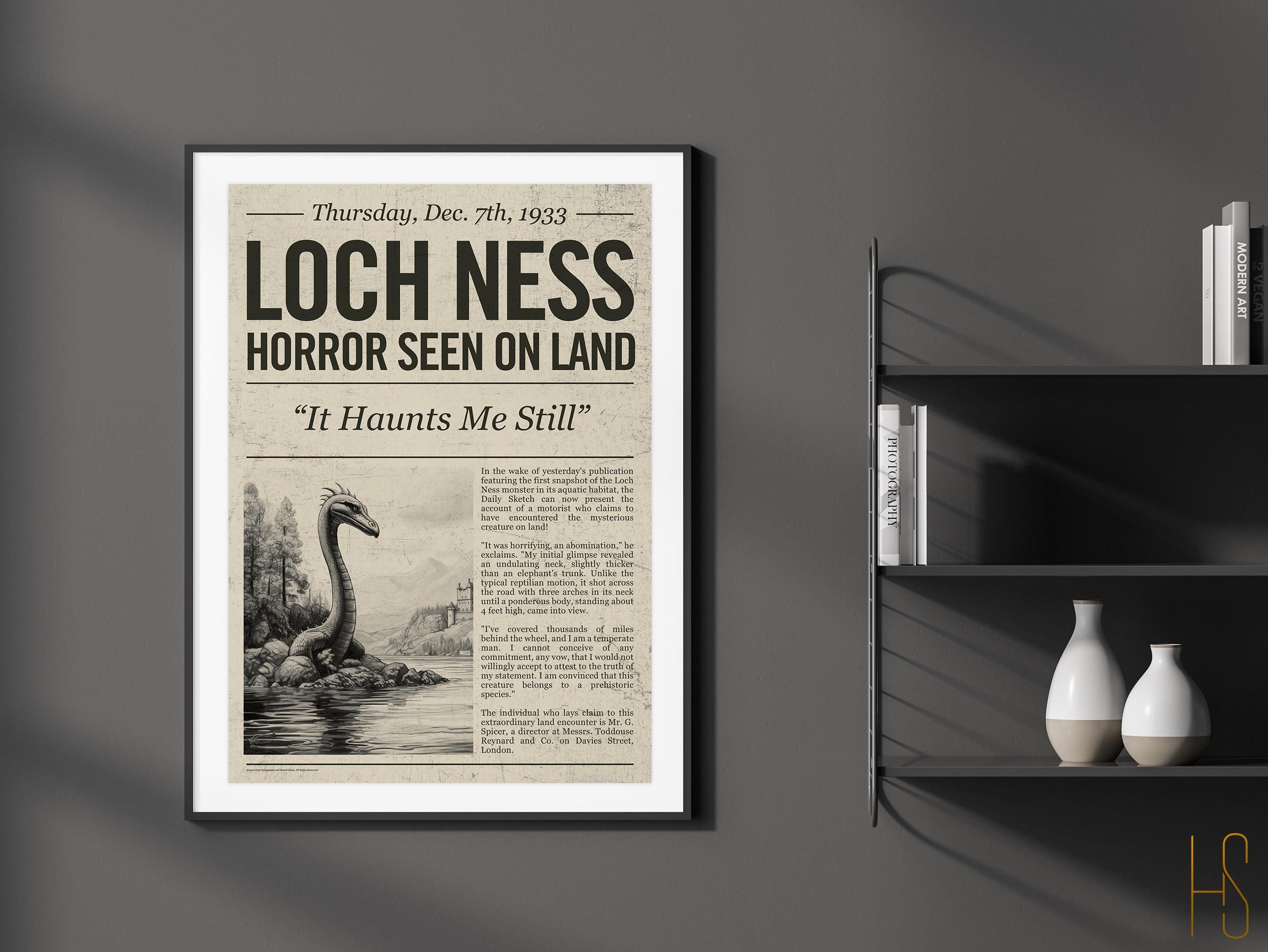 Loch Ness Monster Newspaper Art Print: Vintage Horror Poster (digital ...