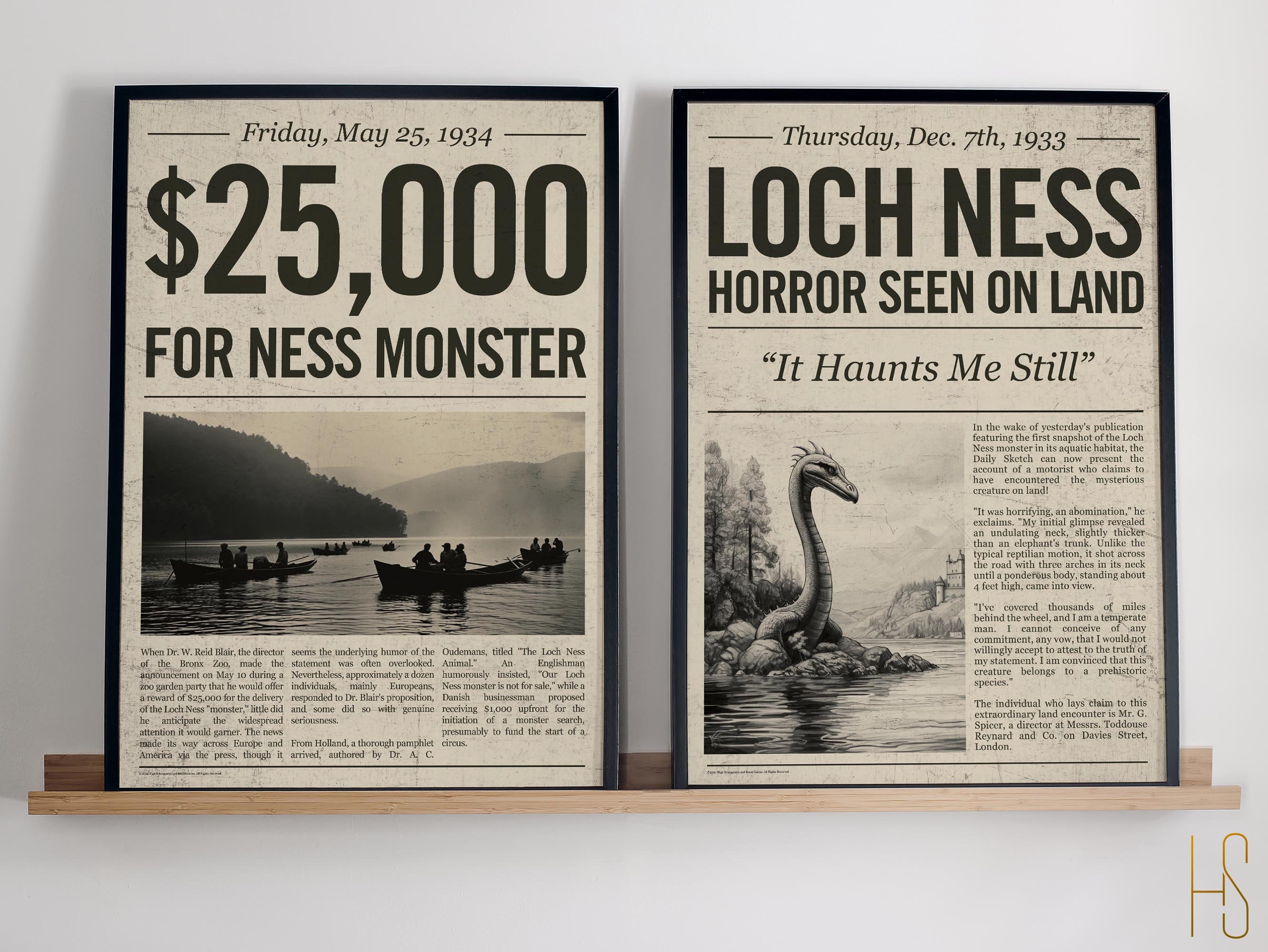 Set of 4 Loch Ness Monster Sighting Newspaper Headline Inspired Digital ...