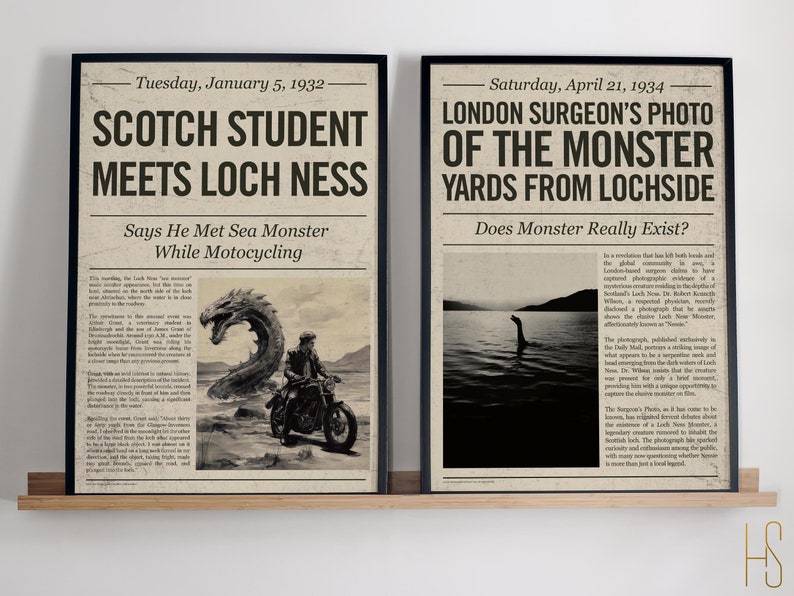 Loch Ness Monster Newspaper Art Prints: Vintage Headline Cryptid ...