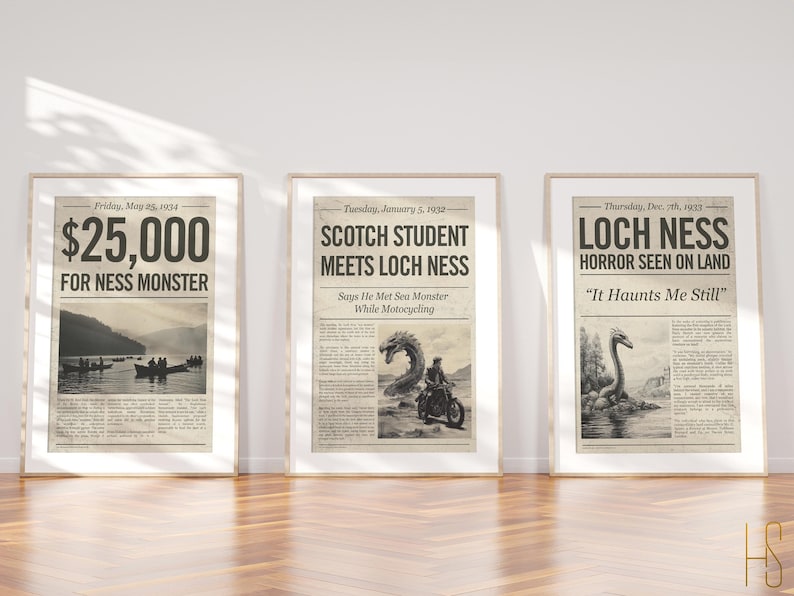 Set of 4 Loch Ness Monster Sighting Newspaper Headline Inspired Digital ...