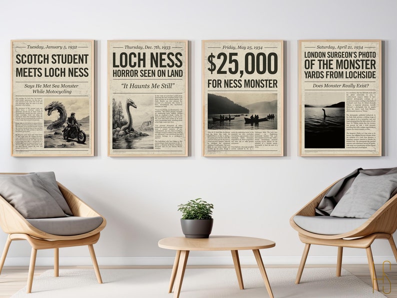 Set of 4 Loch Ness Monster Sighting Newspaper Headline Inspired Digital ...