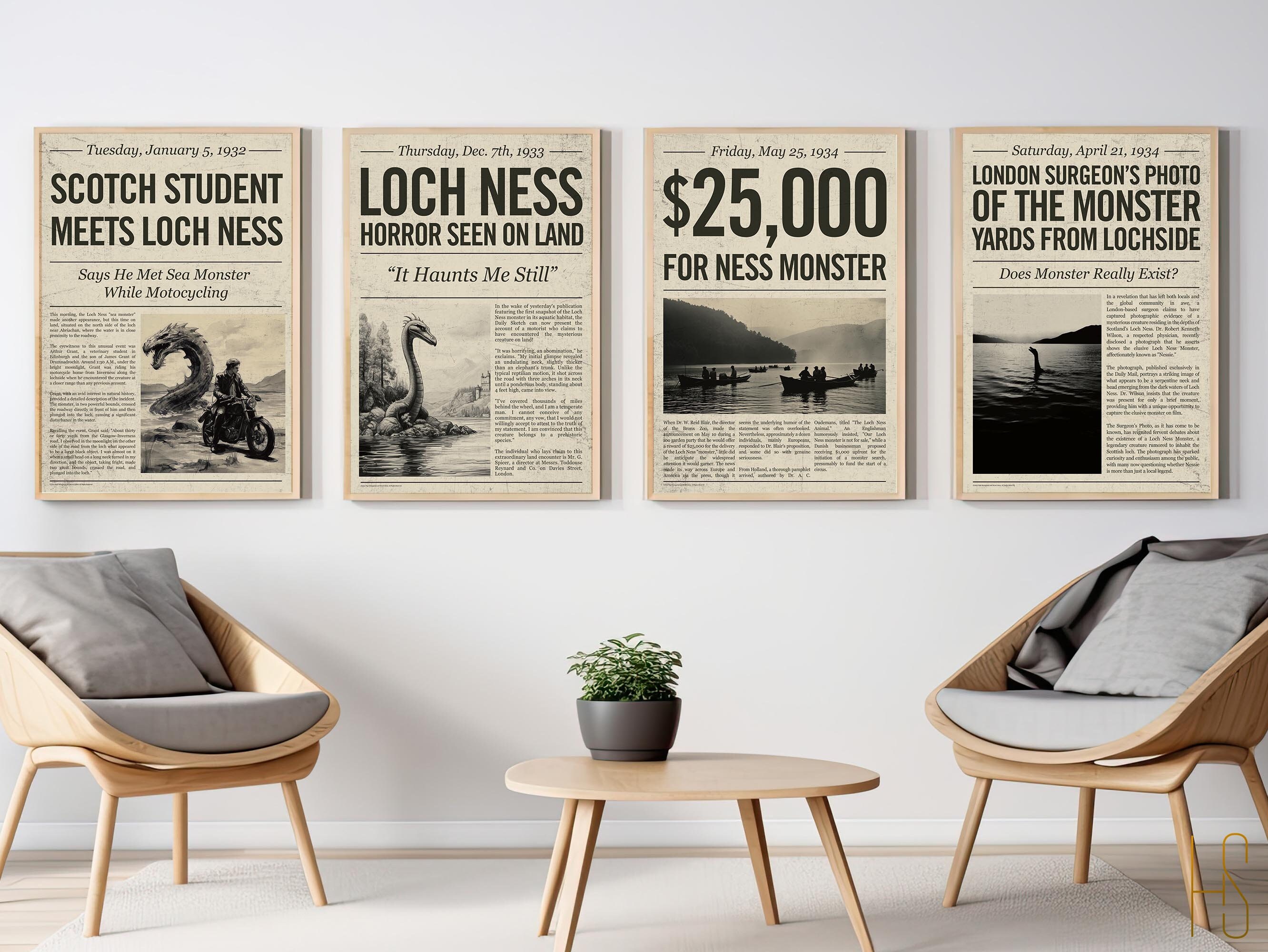 Set of 4 Loch Ness Monster Sighting Newspaper Headline Inspired Digital ...