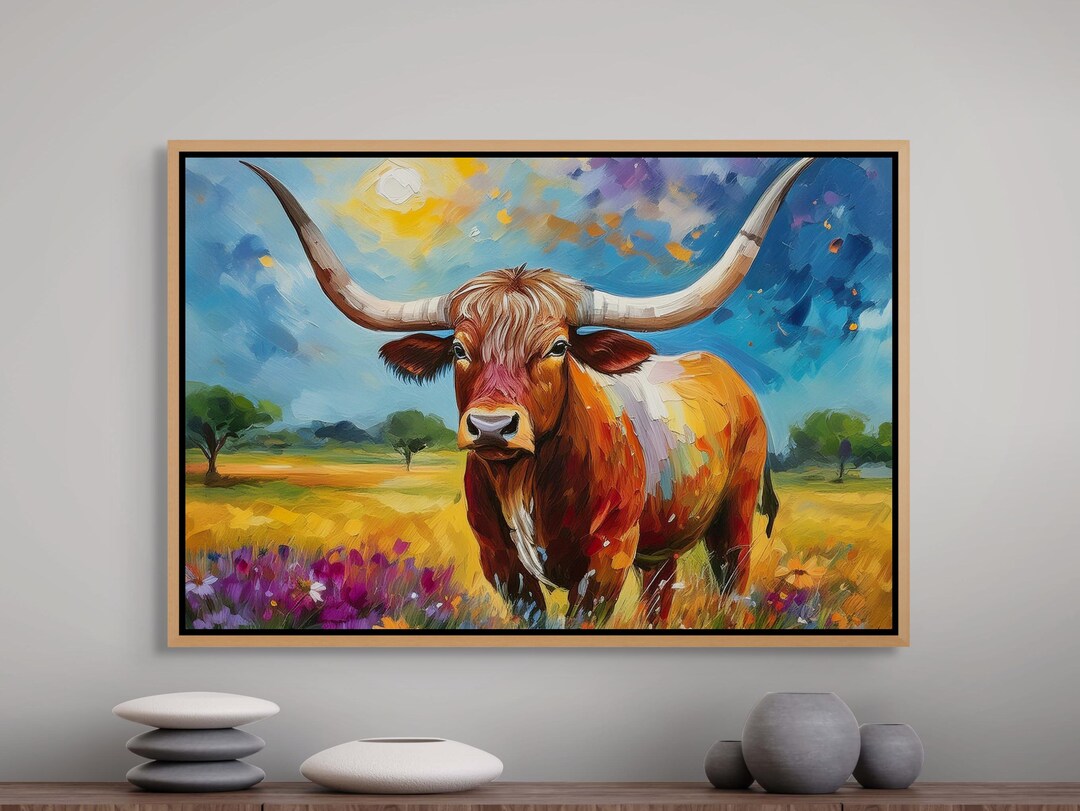 Colorful Longhorn Wall Art, Digital Download, Vibrant Western Cattle ...