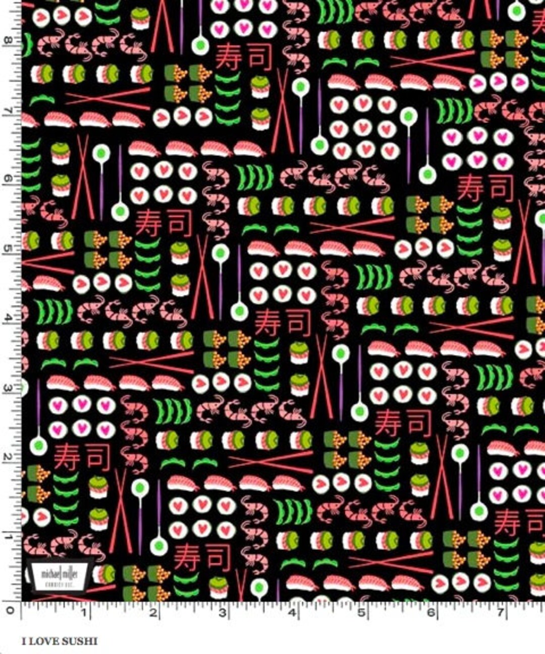 I Love Sushi Fabric by the Yard, Black Sushi Fabric, Michael Miller ...