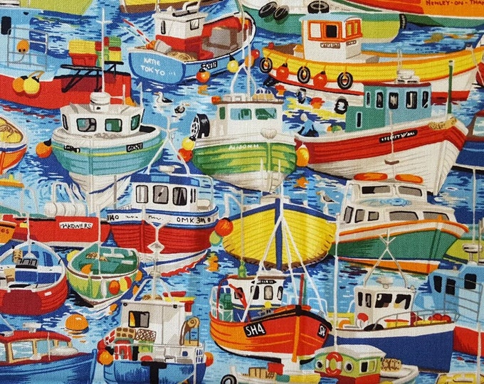Seaside Packed Fishing Boats Fabric BTY, the Henley Studio for Makower ...