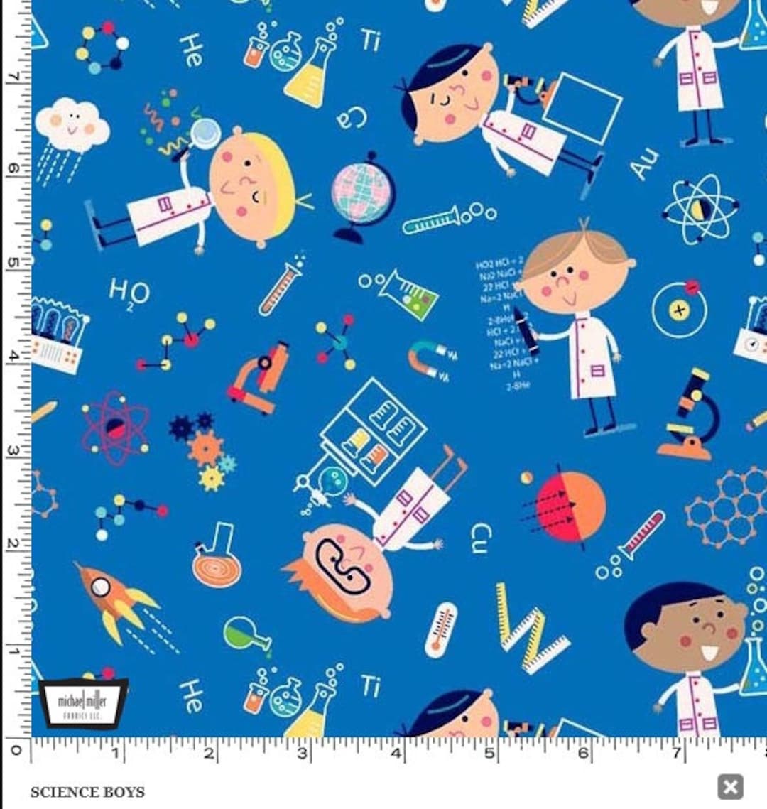 Science Boys Fabric BTY by Michael Miller, DC9716-BLUE-D, Stem Squad Steam Kids Scientist ...