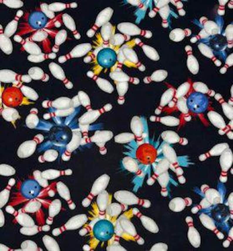 Strike! Bowling Fabric BTY, Tossed Bowling Balls and Bowling Pins on ...