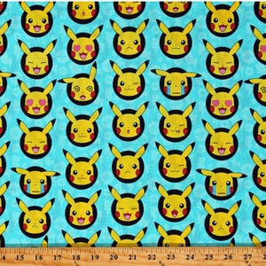 Pokemon Pikachu Emoji Faces in Circles Aqua Fabric BTY, Robert Kaufman ...