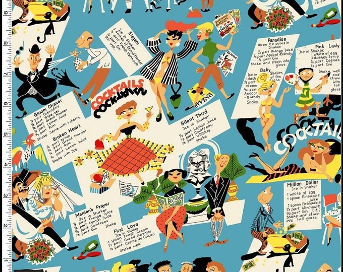 Kitschy Cocktails Fabric BTY, Retro Bartending Cocktail Party Bartender ...