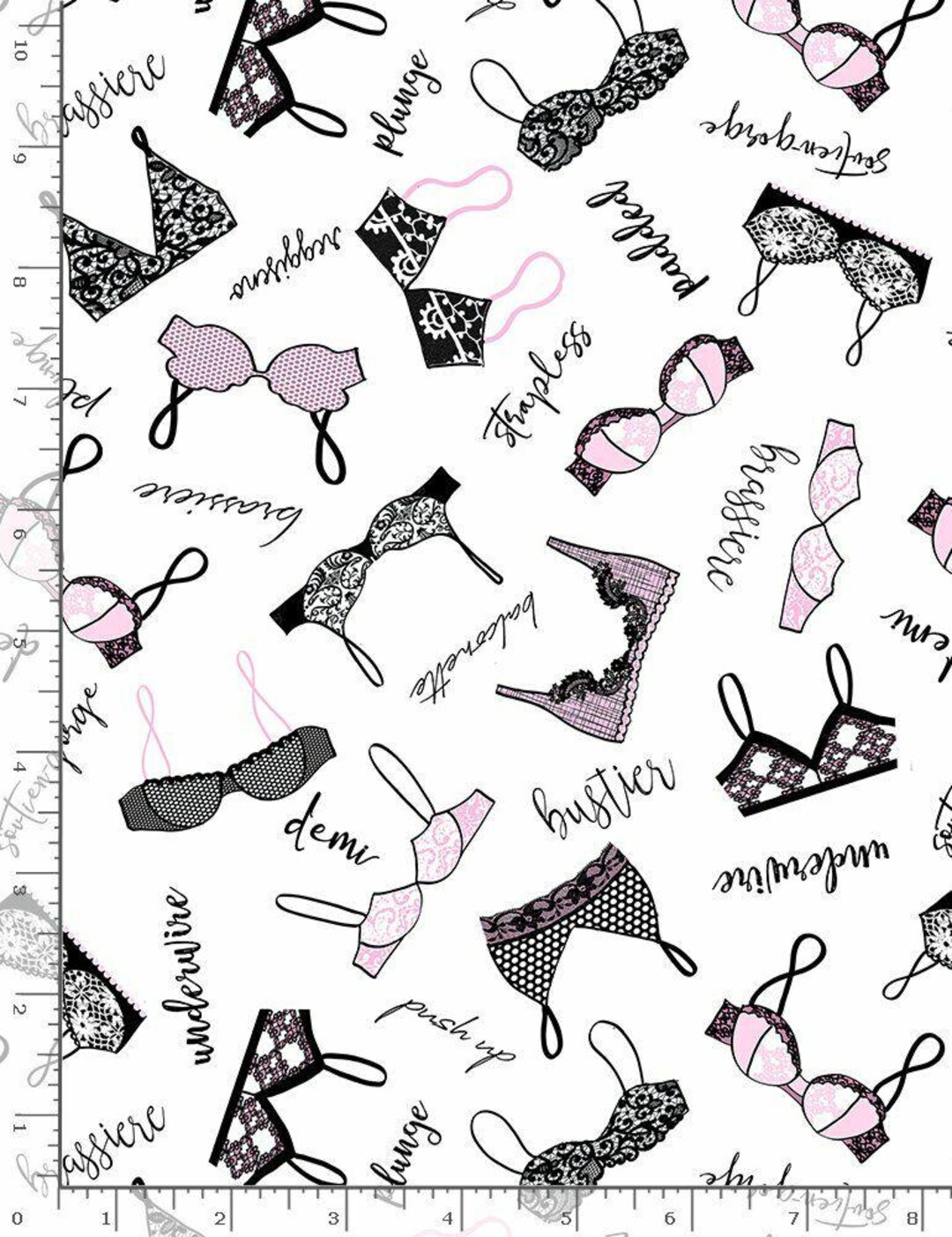 Boudoir Tossed Bras Fabric by the Yard, Retro Sassy & Fun Brassiere ...